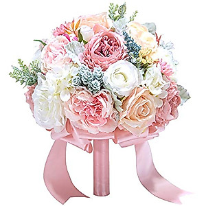 Abbie Home 10 inches Bride Bouquets - Artificial Wedding Flower Real Touch Blooming Rose Peony Holding Bouquet with Satin Ribbon Décor (Blush Pink)