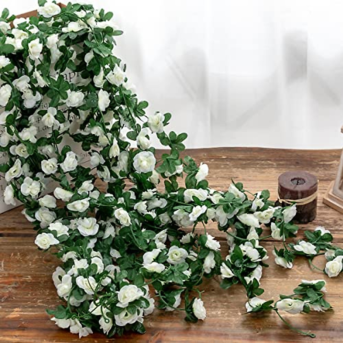 Senseya 6pcs 48FT Artificial Flower Garlands, Fake Peony Vine Artificial Flower with Green Leaves, Hanging Fake Roses Vine for Wedding Home Hotel Office Garden Christmas Wall Arch Decor (Ivory)
