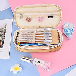 iSuperb Foldable Pencil Case Zipper Big Capacity Canvas Pencil Pouch Stationery Organizers Pen Bag Compartments Cosmetic Makeup Bags for Women (Khaki+Beige)