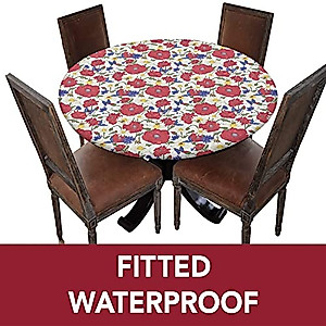Floral Round Fitted Tablecloth Cover,Red Poppies Chamomile Ladybird Daisies Bumblebee Bees and Butterflies Print Elastic Edged Polyester Fitted Table Cover, xLarge, Fit Round Table 59"-63" Diameter