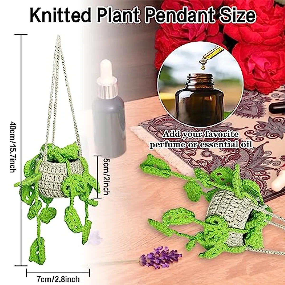 Crochet Hanging Plant for Car Cute Potted Plants Crochet Decor Car Mirror Hanging Accessories Rear View Ornament Hanging Boho Handmade Knitted Pendant (Light Green)