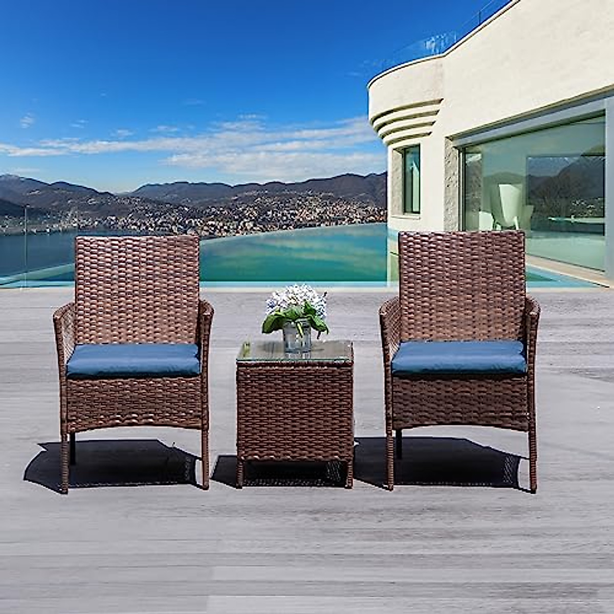 PAIQIAN Patio Furniture Set 3 Pieces of Outdoor Furniture, Patio Table and Chairs with Thick Cushion Sectional Outdoor Set, Manual Wicker Patio Conversation Set for Porch Backyard Lawn Garden Pool