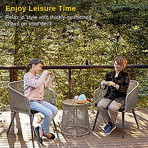 EAST OAK Breezeway Patio Furniture Set, 3-Piece Outside Bistro Set Handwoven Rattan Wicker Chairs with Waterproof Cushions, Tempered Glass Table, Outdoor Conversation Set, Light Grey & Dark Grey