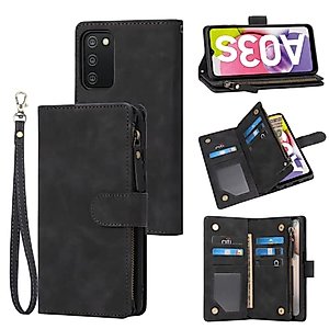 RANYOK Compatible with [US Version] Galaxy A03S Wallet Case, Premium PU Leather Zipper Folio RFID Blocking with Card Slot Wrist Strap Magnetic Closure Protective Phone Case for A03S (Black)