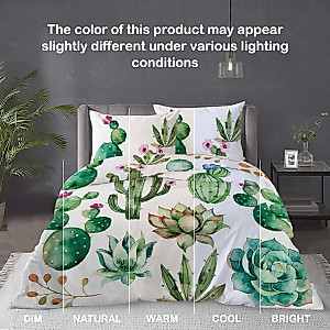 ARIGHTEX Bright Cactus Pattern Bedding Set Green Plants Cactus Print 3 Pieces Duvet Cover Set Nature Art Prints Decor Collection (Queen)
