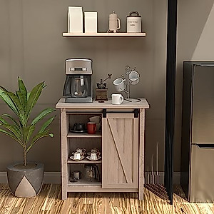 Landia Home Farmhouse Coffee Bar Cabinet with Sliding Barn Door, Accent Cabinet with 3 Tiers Shelves, Cabinet for Entryway, Living Room, Bathroom, and Kitchen, Grey