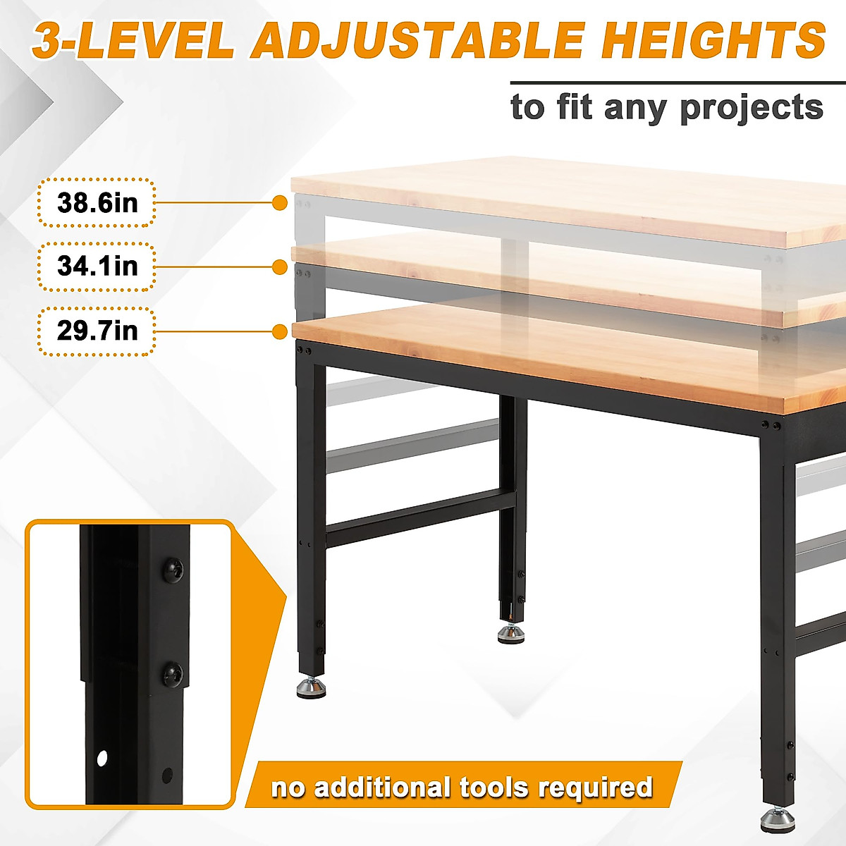 HABUTWAY Height Adjustable Workbench 60" 2000 Lbs Capacity Oak Wood Work Station Heavy-Duty Work Tables with Power Outlets for Garage Party Shop Office