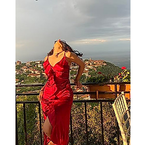 KOJOOIN Women's V-Neck Spaghetti Strap Satin Ruffle Sexy Party Dress Wedding Cocktail Bodycon Midi Dress Wine Red M