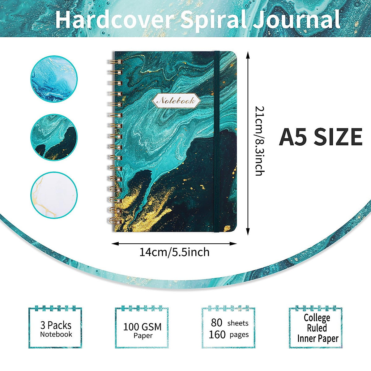 EOOUT 3 Pack A5 Spiral Notebook, Journals for Women, Ruled Notebook, 6"x 8.5", 160 Pages, Marble Pattern, Back Pocket, 100gsm Paper, for Office, School Supplies