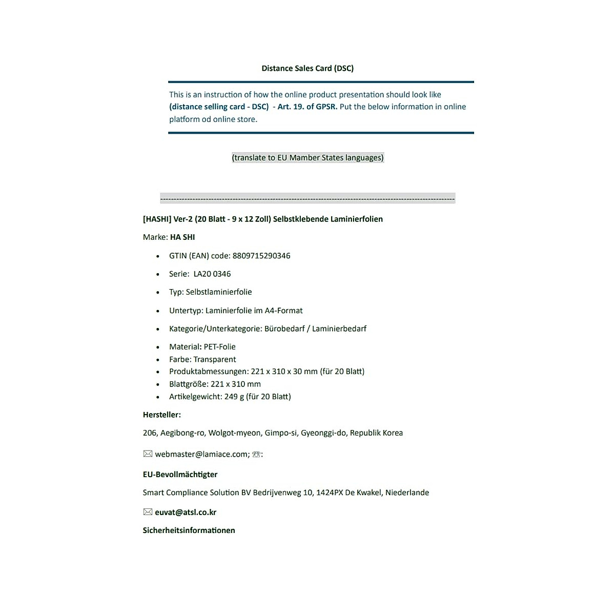 HA SHI Self Adhesive Laminating Sheets, Cold Laminate, self Seal, Plastic Paper, 8.5 x 11 Inch (20 Sheets)