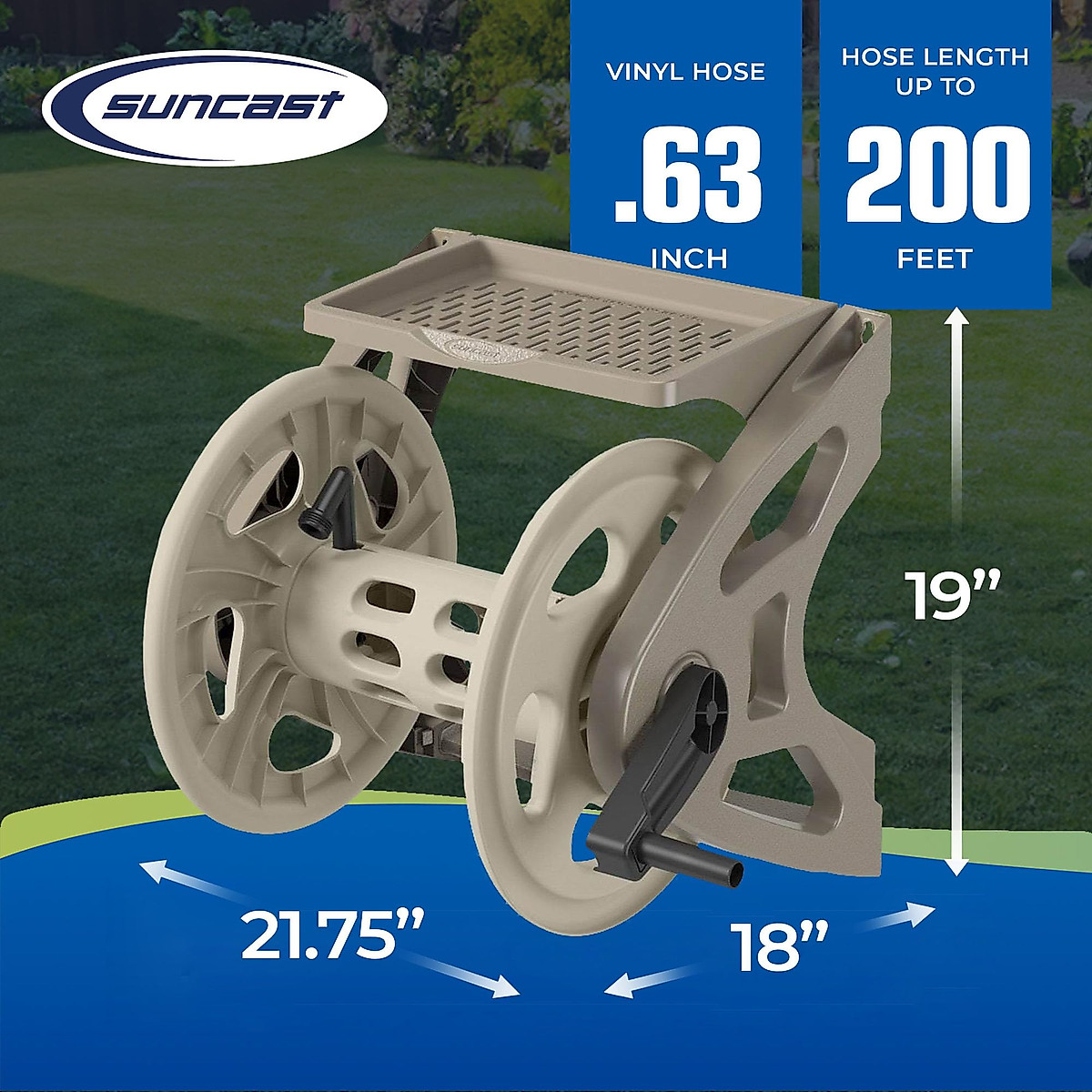 Suncast Handler Durable Hard Plastic Wall Mounted Outdoor Retractable Garden Hose Reel with Storage Tray and 200 Feet Hose Capacity, Taupe