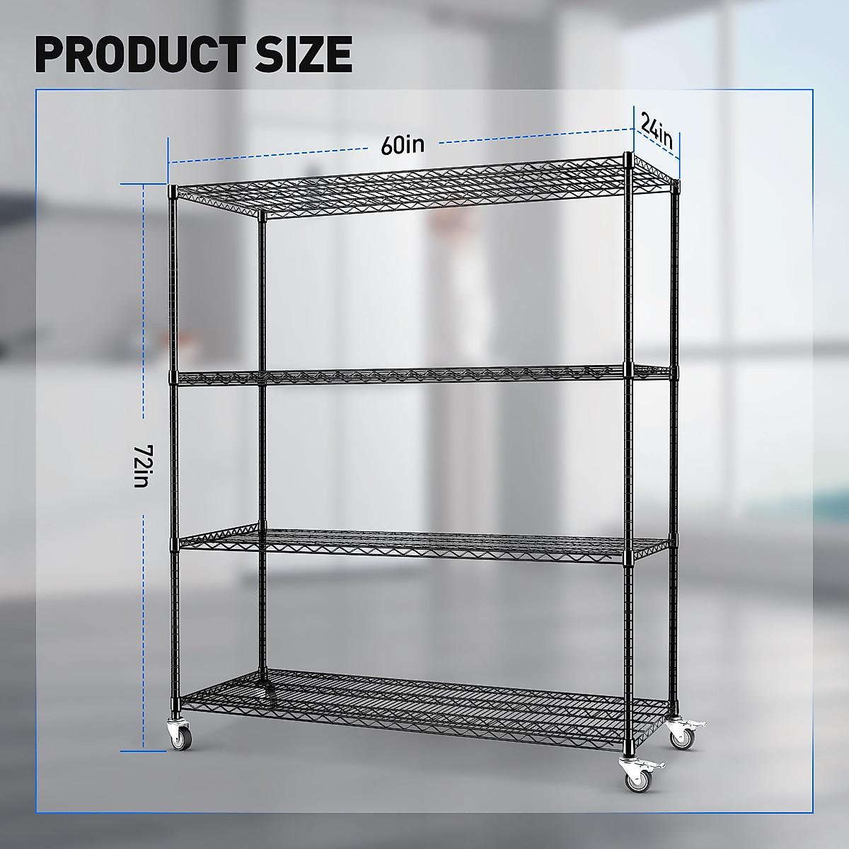 Rengue Wire Shelving with Wheels, 60"x 24"x72" Metal Storage Shelves, 4-Tier Heavy Duty Garage Storage Shelves, Chrome 2400LBS Capacity Wire Shelf Rack for Restaurant, Garage, Pantry, Kitchen