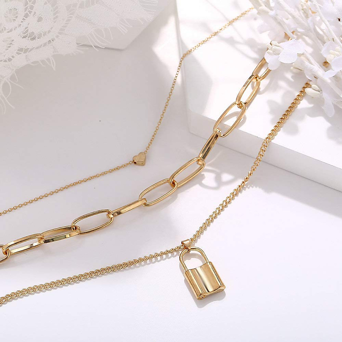 Neckcely 2 Pcs Dainty Layered Choker Necklaces Handmade Lock Heart Pendant Multilayer Adjustable Layering Chain Gold Necklaces Set for Women