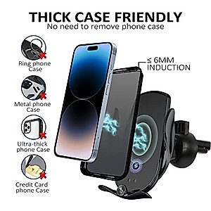 Wireless Car Charger,15W Fast Charging, Phone Holder Mount, Auto Clamping, Phone Mount Phone Holder for iPhone 14 13 12 11, Samsung Galaxy S23+ S22, etc