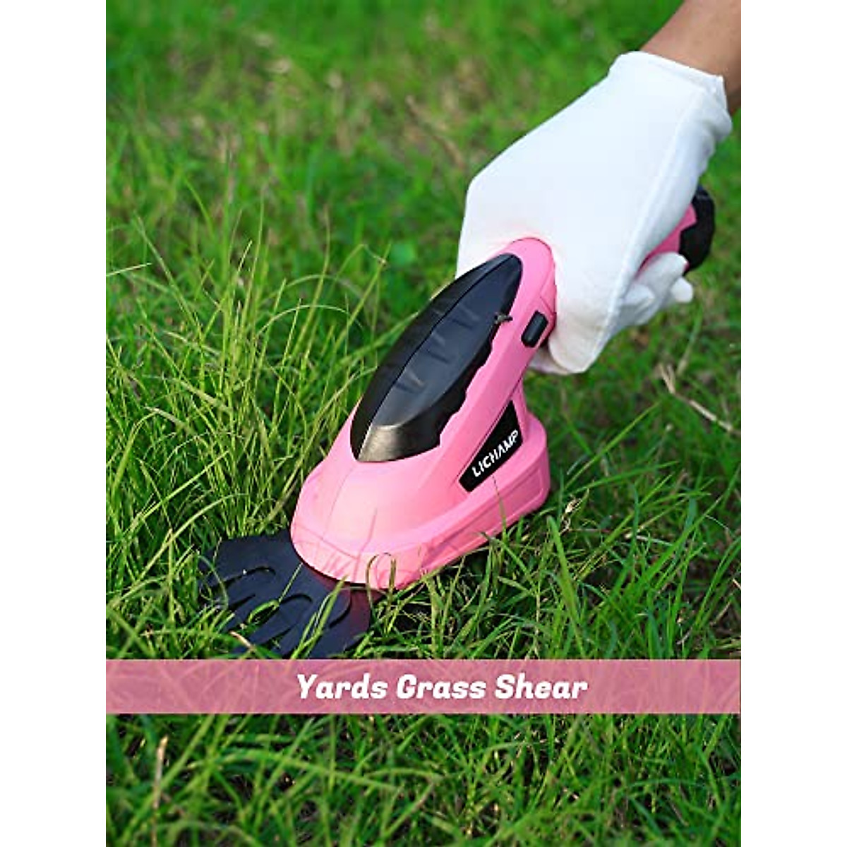 Lichamp 2-in-1 Electric Hand Held Grass Shear Pink Hedge Trimmer Shrubbery Clipper Cordless Battery Powered Rechargeable for Garden and Lawn, CGS3601PK Pink