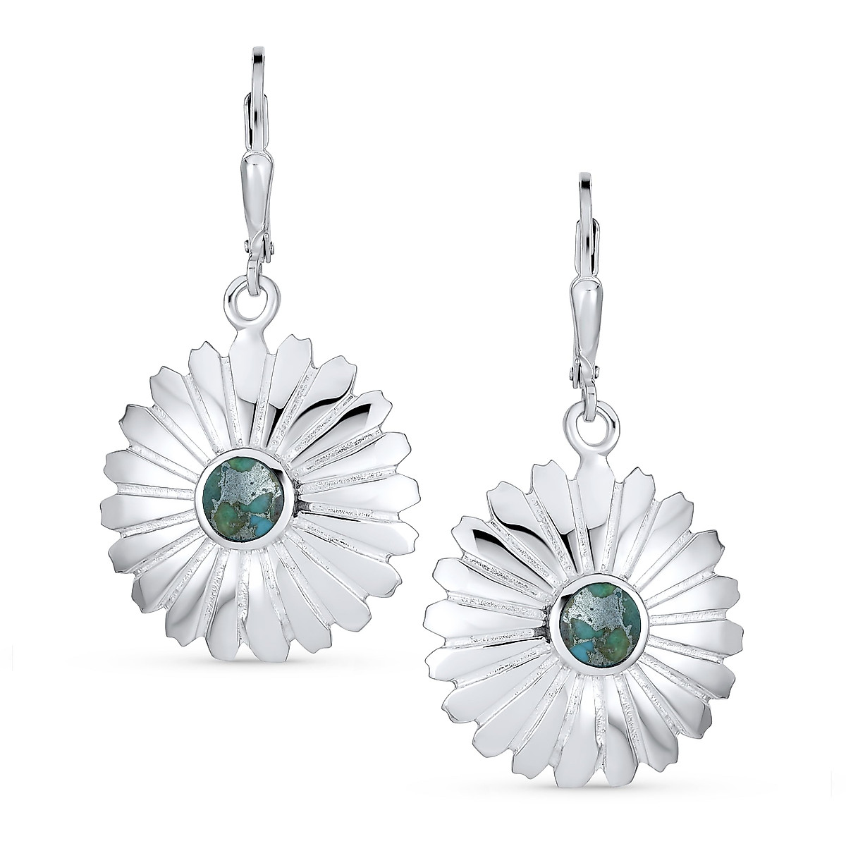 Native American South Western Concho Carved Petal Flower Blossom Blue Turquoise Lever Back Dangle Earrings Women .925 Sterling Silver