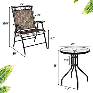 Giantex Patio Dining Set Round Glass Table with 2 Patio Folding Chairs, Outdoor Table and Chairs for Garden, Pool, Backyard, Tempered Glass Tabletop with Umbrella Hole (Brown)