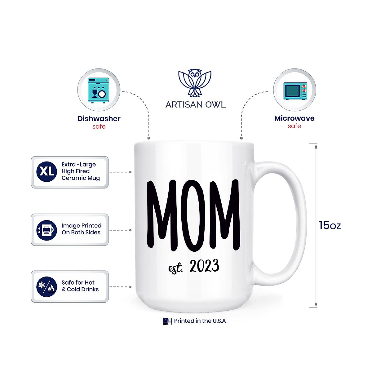 Artisan Owl Mom Est. 2023 - New Parent - 15oz Deluxe Double-Sided Coffee Tea Mug