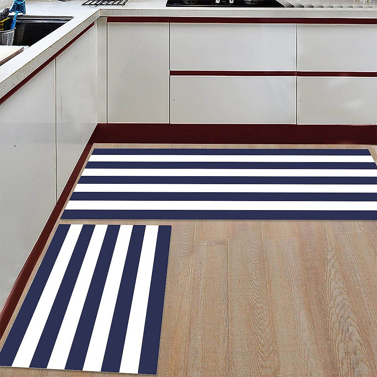 Nautical Stripe Design (Navy and White) Kitchen Rugs Set 2 Piece, Kitchen Mats Rugs Non Skid Washable Anti Fatiguee, Doormat Carpet for Bedroom/Bathroom/Living Room,15.7x23.6in+15.7x47.2in