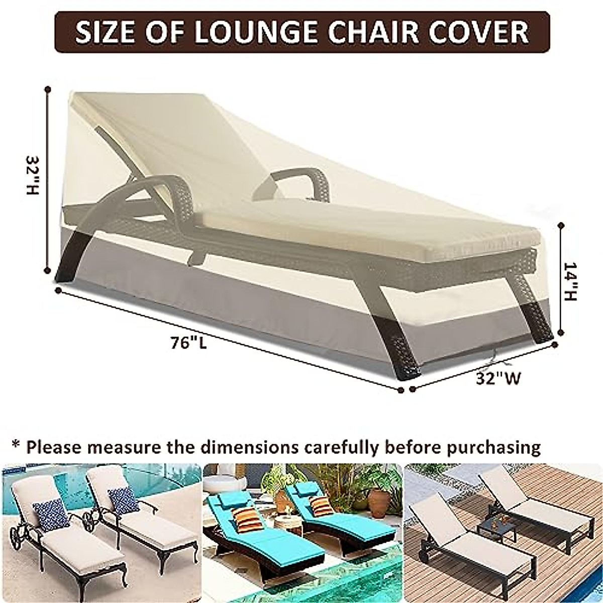 Wanocean Chaise Lounge Cover Outdoor Waterproof, Lounge Chair Cover for Patio Furniture Heavy Duty, UV & Fade Resistant, All Weather Protection