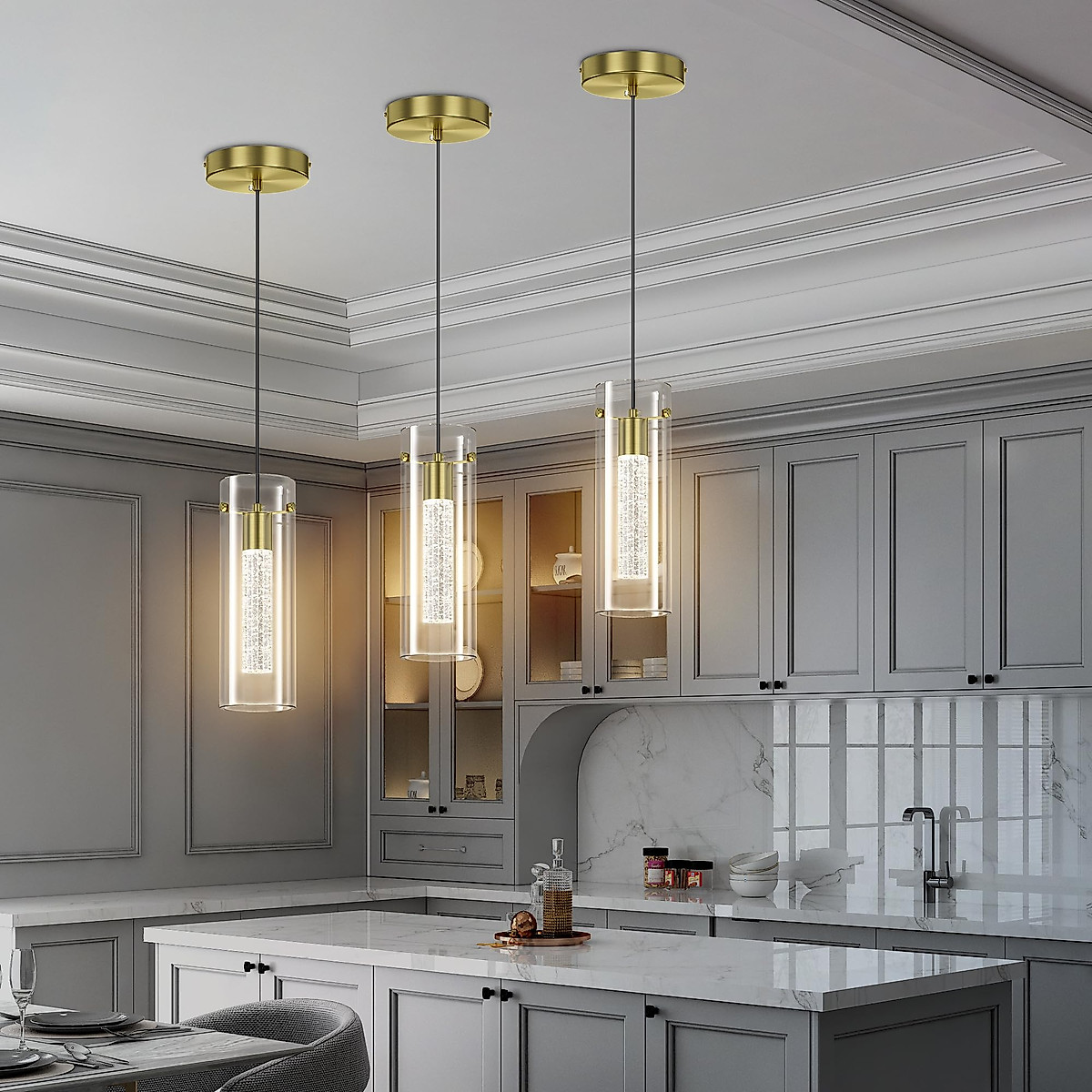 Aipsun Pendant Lights Kitchen Island 3 Pack Gold Ceiling Hanging Light 3000K Modern LED Pendant Lights Fixtures for Kitchen Dining Room