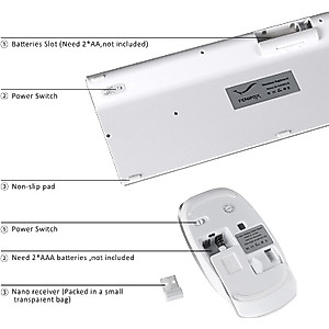 Wireless Keyboard and Mouse - FENIFOX USB Slim 2.4G Wireless Keyboard Mouse Combo Full-Size Ergonomic Compact with Number Pad for Laptop PC Computer Windows mac- Silver White