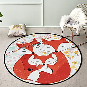 BVOGOS 4’Ft Lovely Floral Foxes Large Round Area Rug, Ultra Soft Kids Floor Playing Mat for Bedroom Living Room Baby Room, Non-Skid Lightweight Foam Rugs Home Decor