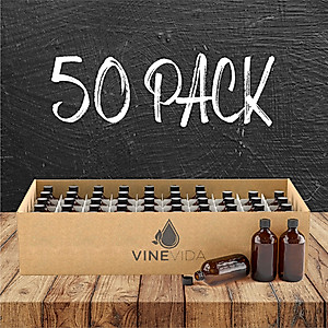 VINEVIDA 8 oz Amber Glass Bottles - 50 Pack Amber Boston Glass Bottles With Poly Cap - Bulk Glass Bottles - Empty Tincture Bottles for Essential Oils, Lab Chemicals, and Perfumes - Refillable Bottles