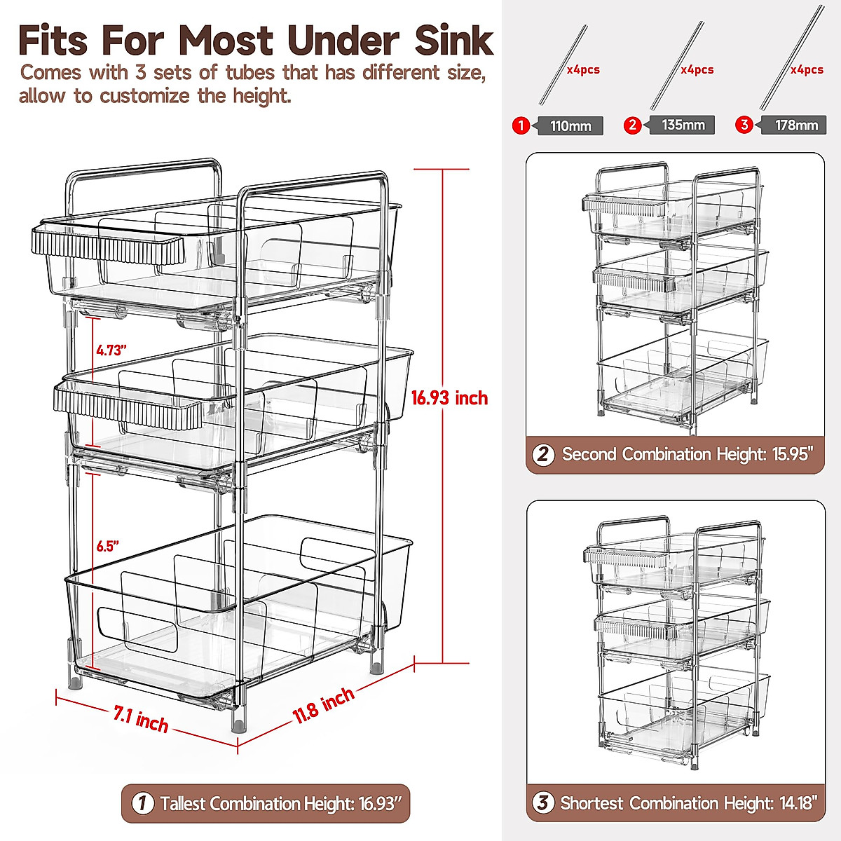 FEIMADA Under Sink Organizers and Storage 2 Packs, 3 Tier Bathroom Organizer Clear Pull out Cabinet Organizer for Bathroom Storage Kitchen Pantry Storage, Medicine Cabinet Organizer with Dividers