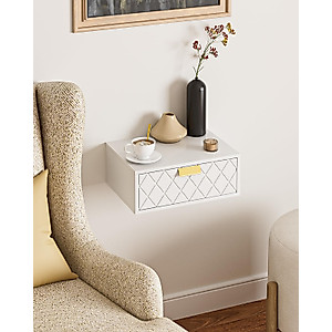 Aobafuir Floating Nightstand Shelf with Drawer, Small Modern Wall Mounted Nightstand, Shelves for Bedroom, White Diamond