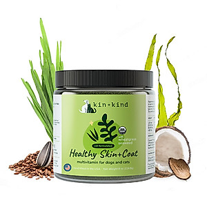 kin+kind Organic Multivitamin for Dogs & Cats - Vitamins and Supplements for Healthy Skin and Coat - Natural Formula with Wheatgrass, Kelp, Flax Seed, Seaweed and Coconut - Large 8 oz - Made in USA