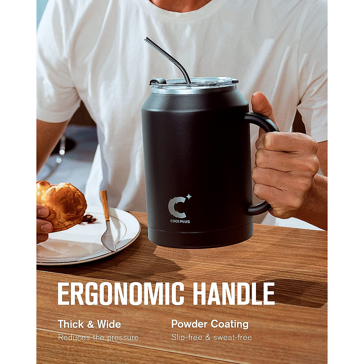 Coolplus 50 oz Mug Tumbler with Handle and Straw, Large Stainless Steel Travel Insulated Water Cup with 2-in-1 Lid, Double Wall Metal Keep Cold 36 hrs, Sweet Proof BPA-Free, Midnight Black