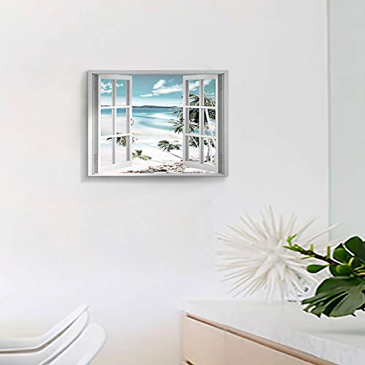 Open Windows Canvas Wall Art: Beach with Coastal Palm Graphic Artwork Print on Wrapped Canvas for Wall Decor(24''x18'')