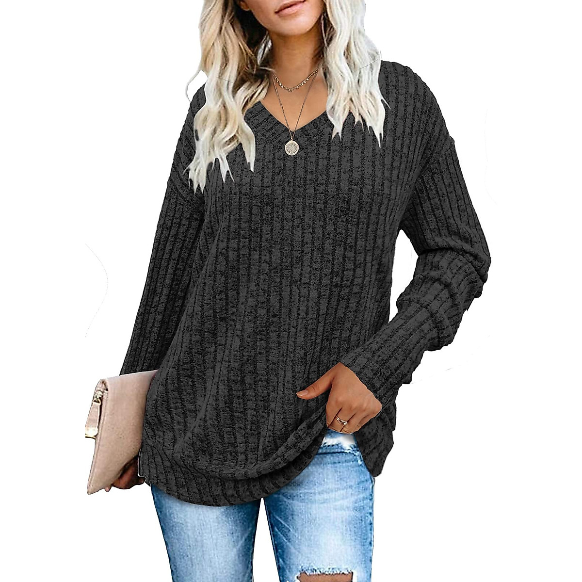 Heymiss Fall Sweaters for Women 2024 Cute Sweatshirts V Neck Long Sleeve Tops for Women Black XL