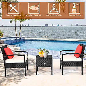 COSTWAY Rattan Patio Furniture Set 3 Pieces, Wicker Conversation Set with Tempered Glass Coffee Table, Seat Cushions, Outdoor Chair Wicker Sofa for Backyard Balcony Porch Poolside, White