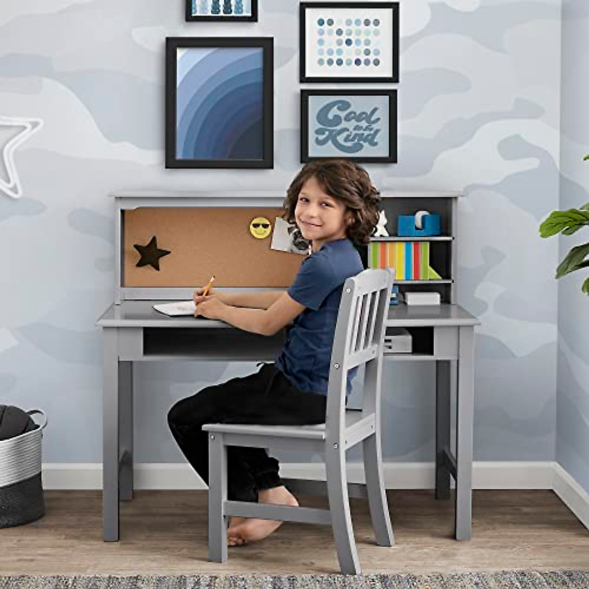 Delta Children Kids Wood Desk with Hutch and Chair - includes Cork Bulletin Board, Cubbies and Cutouts for Cords & Wires - Childrens Study/Computer/Writing Workstation (for Ages 5-12), Grey