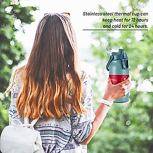 COSTWAY 44oz Vacuum Insulated Water Bottle, Leakproof Flask with Straw, Flip Top Lid, Wide Mouth & Handle Gift, BPA Free Stainless Steel Water Jug for Gym and Outdoor Sports, Grey