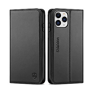 SHIELDON iPhone 11 Pro Max Case, Genuine Leather Auto Sleep Wake Wallet Case Flip Magnetic Cover RFID Blocking Card Slots Kickstand Shockproof Case Compatible with iPhone 11 Pro Max (6.5-inch) - Black
