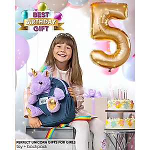 Naturally KIDS Small Unicorn Backpack - 3 - 4 Year Old Girl Gifts - Toddler Backpack for Girl Boy w Stuffed Animal - Toys for 3 Year Old Girls - w Pockets & Reflective Logo - Backpack w Purple Unicorn