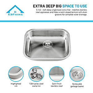 KBFmore 23 Inch Single Bowl ADA Compliant Stainless Steel Kitchen Sink, Rust Resistant Sound and Heatproof Shallow Drain 18 Gauge Undermount Sink with Sink Strainer and Removable Garbage Basket