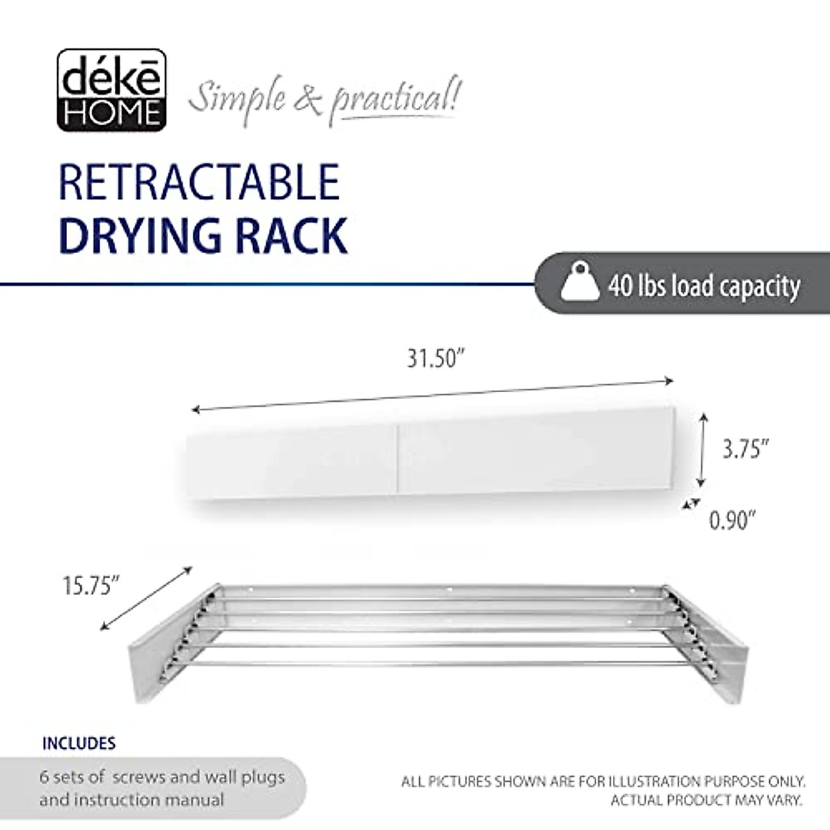 Wall mounted retractable clothing drying rack. Foldaway clothes rack. Collapsible folding hung indoor & outdoor. Space saver compact wall mount design. Foldable Hanging Racks for Laundry room (white)