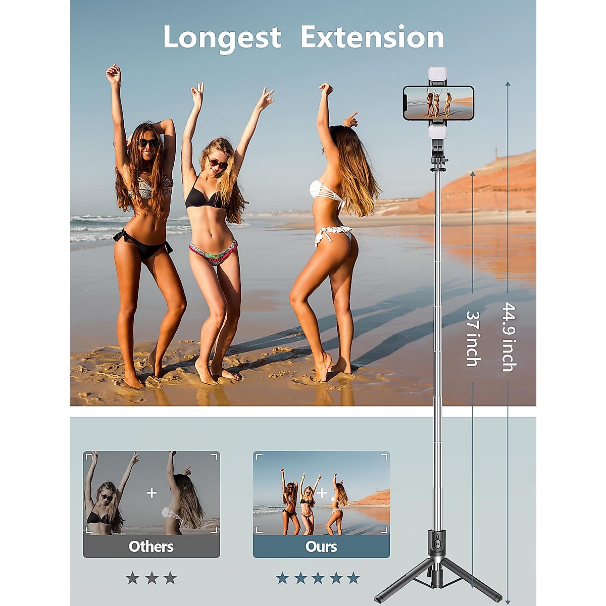 Selfie Stick Tripod with Light, 45'' Selfie Stick with Wireless Remote, Portable Phone Tripod Compatible with iPhone 16/15 Pro Max/15/14 Pro/14/13, Samsung S22/ S23 Ultra/Android Smartphone