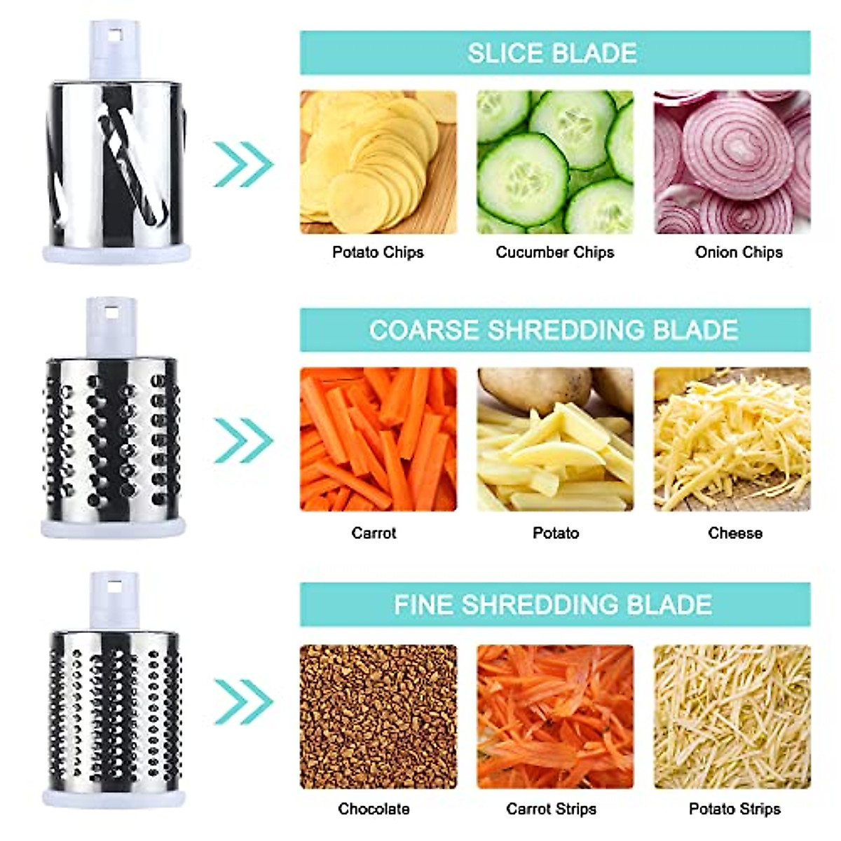 3rd Generation Rotary Cheese Grater, Mandoline Vegetable Slicer with 3 Replacement Blades, Easy to Clean Rotary Shredder for Fruit, Vegetables