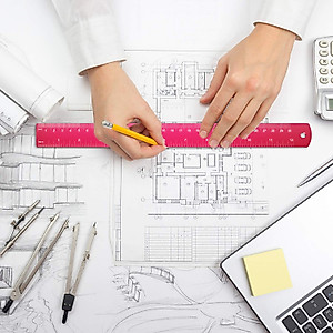 Stainless Steel Ruler and Metal Rule Kit with Conversion Table (Rose Red, 12 Inch, 6 Inch)