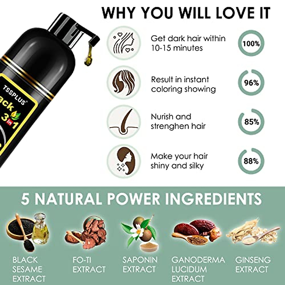 TSSPLUS Professional Black Herbal Hair Color Shampoo - Instant Gray Hair Coverage