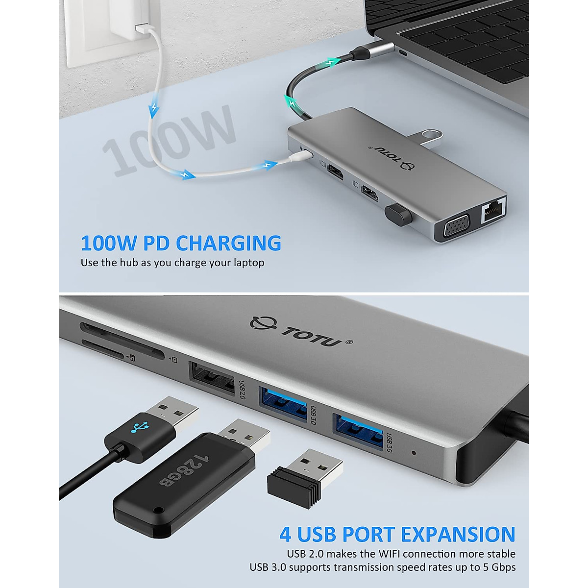 USB C Hub, TOTU 13-in-1 Type C Hub with Ethernet, 4K USB C to 2 HDMI, VGA, 2 USB 3.0, 2 USB 2.0, 100W PD, SD/TF Cards Reader, Mic/Audio Docking Station for MacBook Pro Air XPS and Other USB-C Laptops