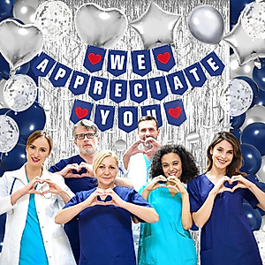 We Appreciate You Decorations Navy Blue Silver Thank You Banner Balloons Foil Fringe Curtains Backdrop Hanging Swirls Streamer Thanks Party for Employee Teacher Doctor Appreciation Party Gifts Decor