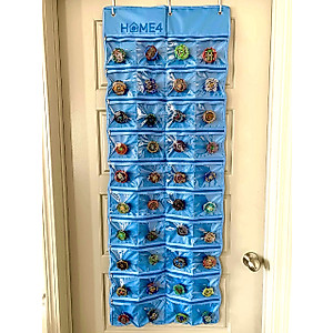 HOME4 Toy Hanging Over The Door Storage Bag - 40 Clear View Pockets - Roll Up for Easy Organizer - Save Space More Than Case Box - Compatible with Beyblade Hot Wheels and More TOYS NOT INCLUDED (Blue)
