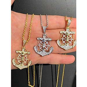 HarlemBling Solid 925 Sterling Silver -Jesus On Anchor Cross Pendant - Hip Hop Iced - Natural Silver Or Two Tone Gold Finish (Two Tone)