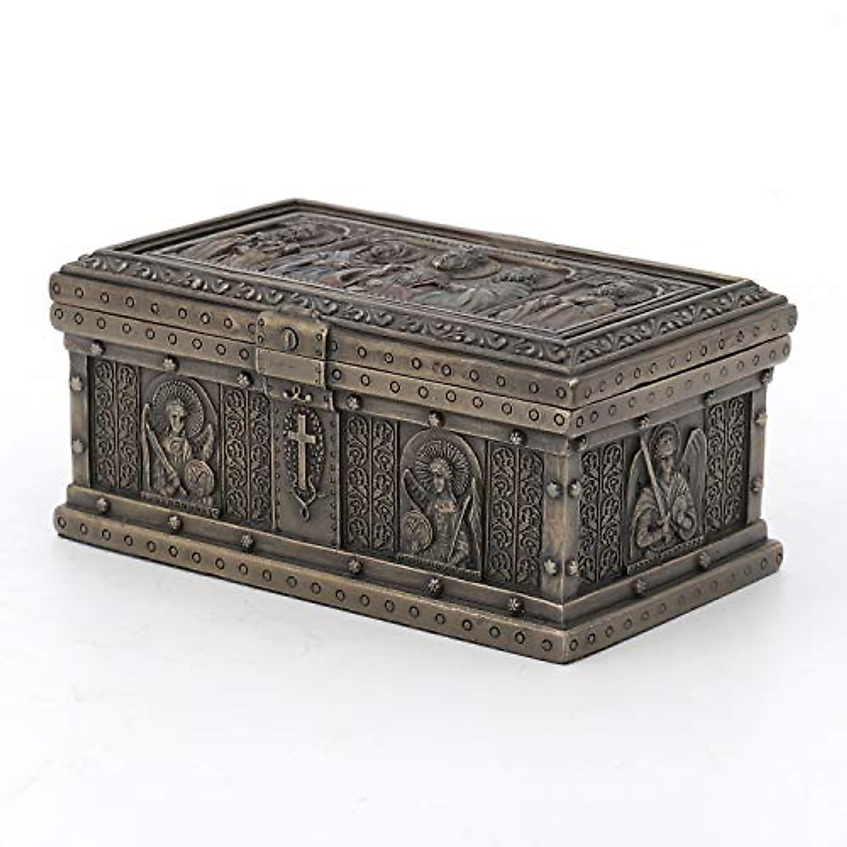 Cold Cast Bronze 4 7/8 Inch Jesus Christ Saint Peter St Paul Icon Relic Rosary Trinket Box